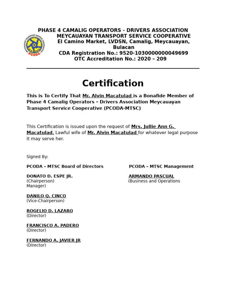 Certification of Members | PDF