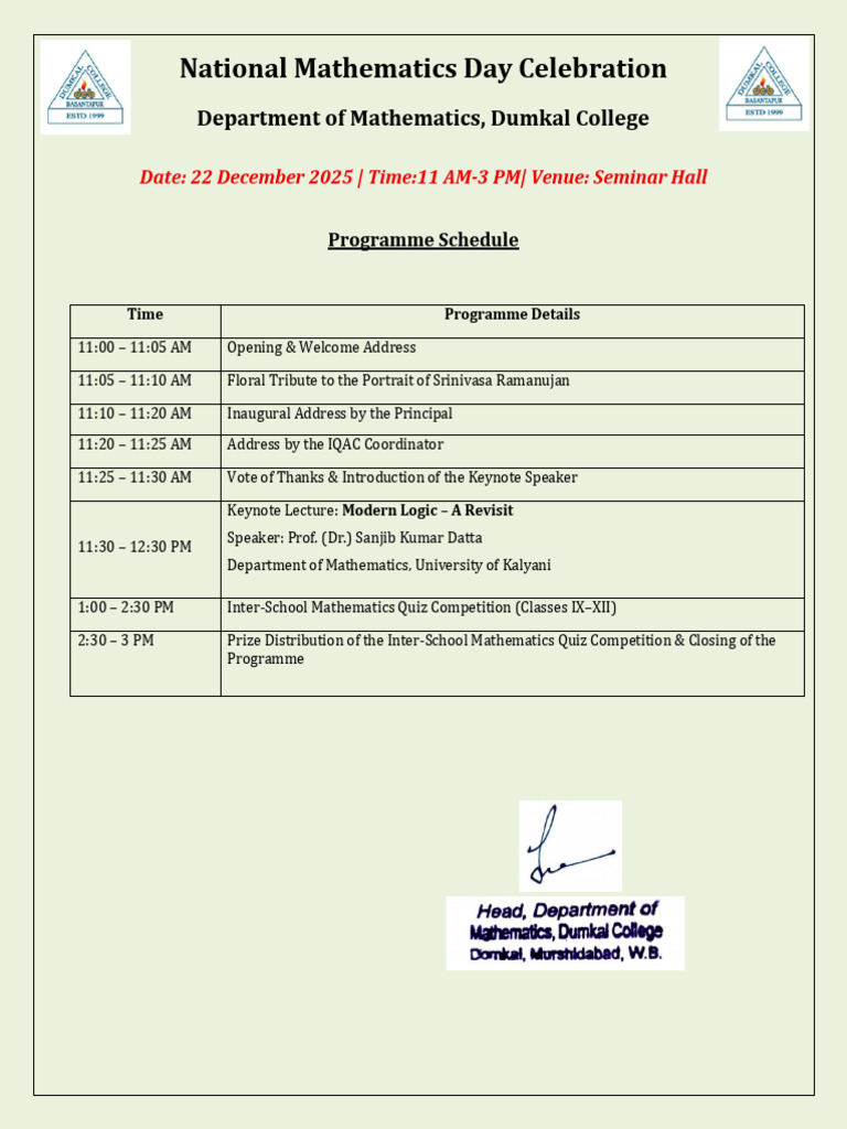 Schedule National Mathematics Day-1 | PDF
