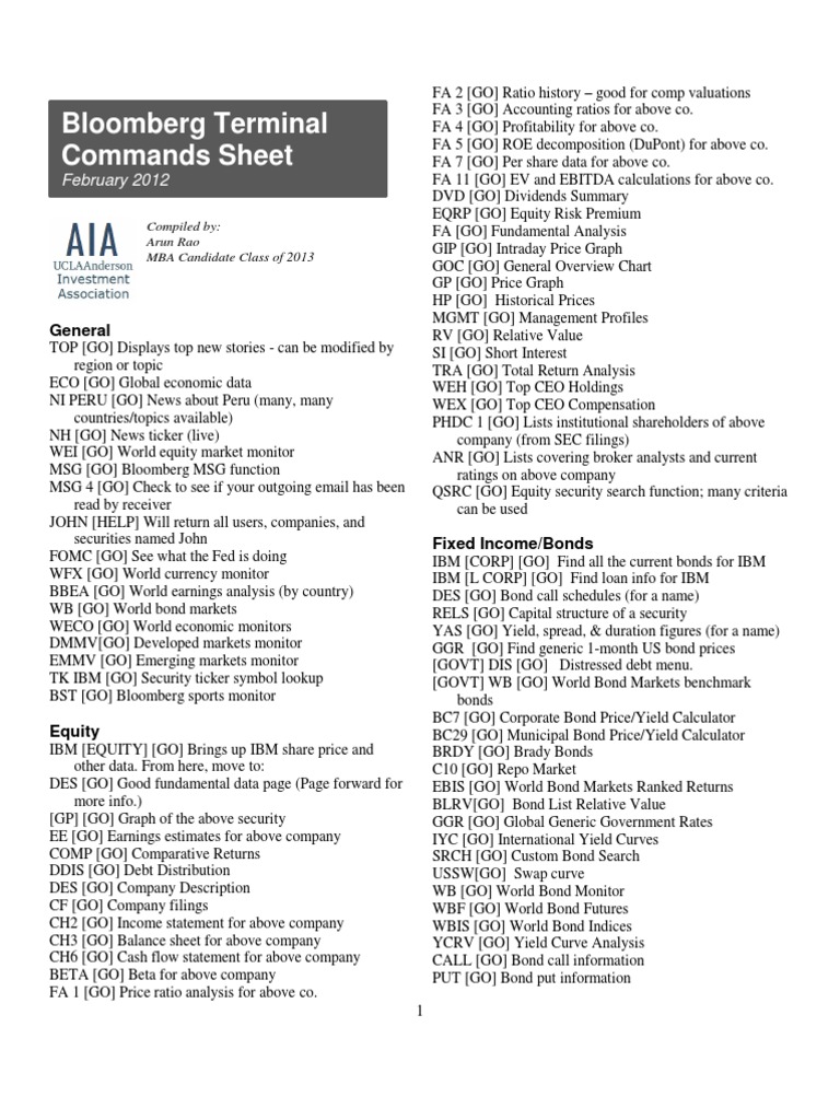 Bloomberg Commands Cheat Sheet | PDF | Futures Contract | Yield Curve