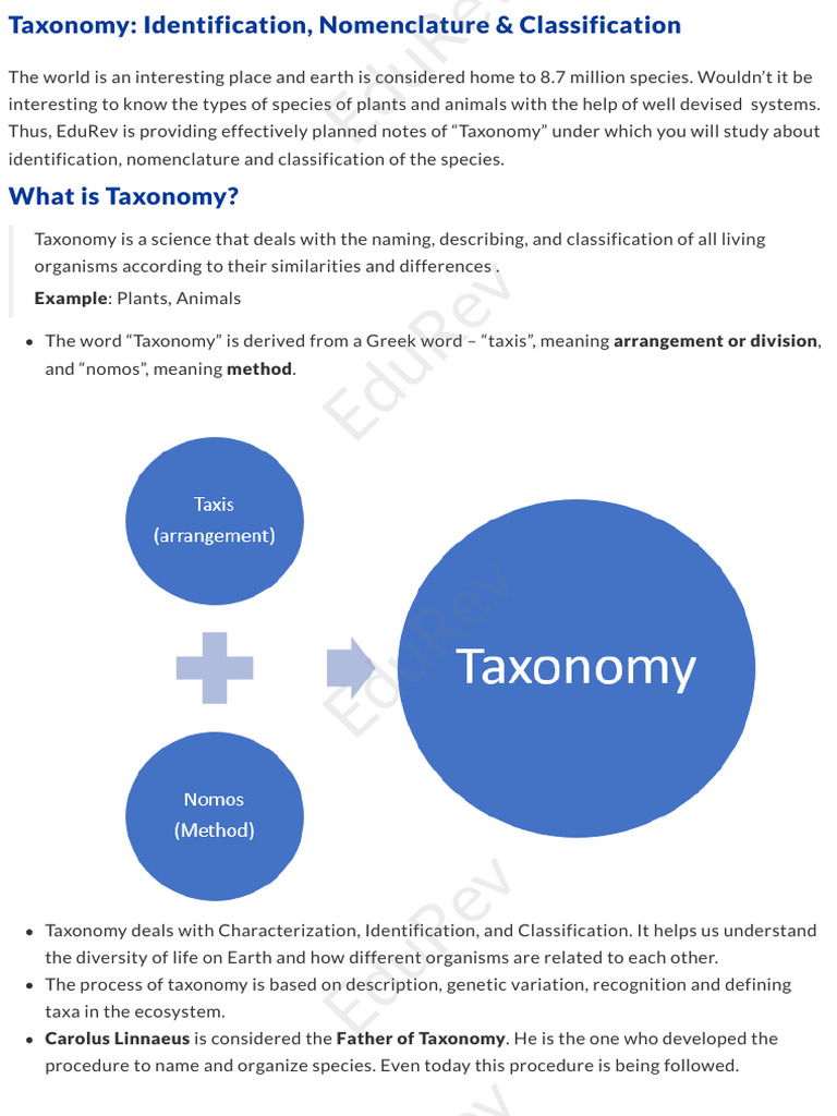 EduRev_Taxonomy_ Identification, Nomenclature & Classification | PDF | Taxonomy (Biology) | Species