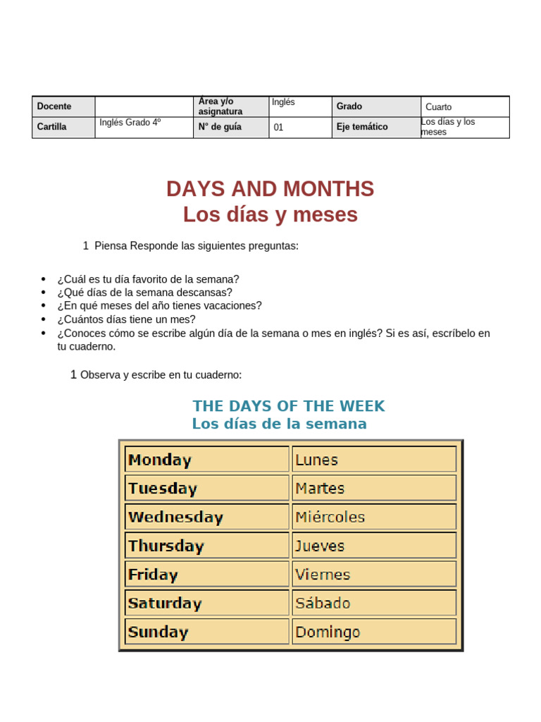 Los Días de La Semana y Los Meses Del Año | PDF