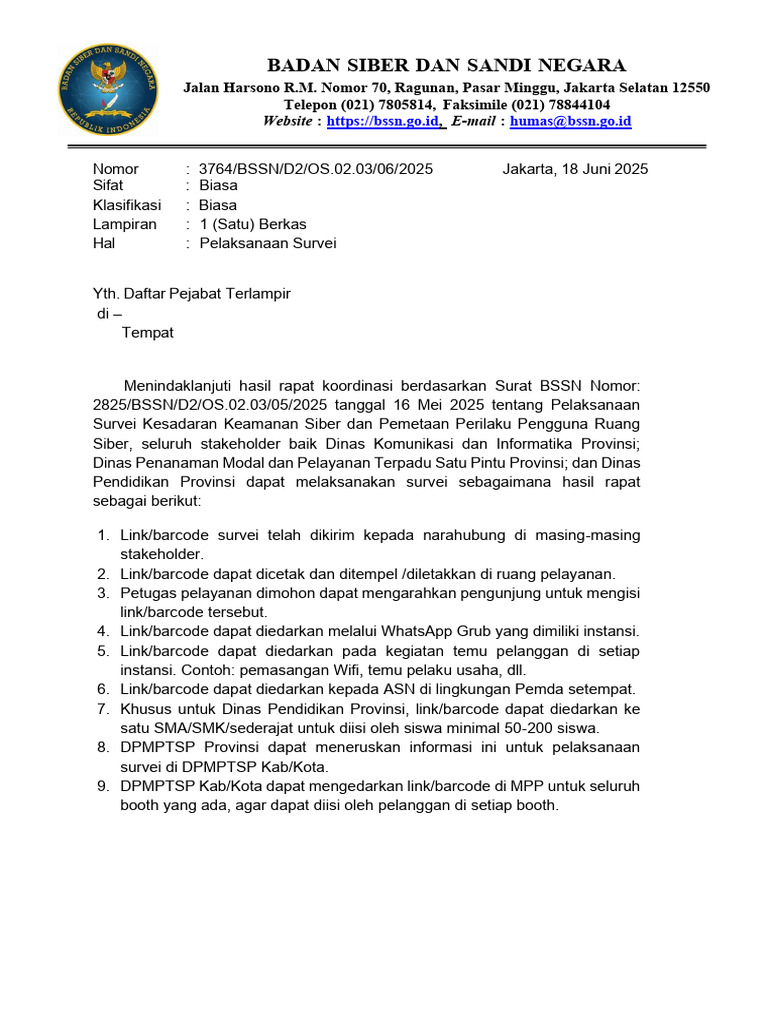 BSSN 3764 Surat Pelaksanaan Survei (1) - Sign | PDF