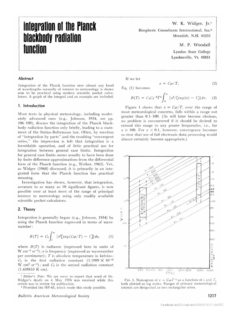 Widger 1976 - Integration of the Planck Blackbody Radiation Function ...