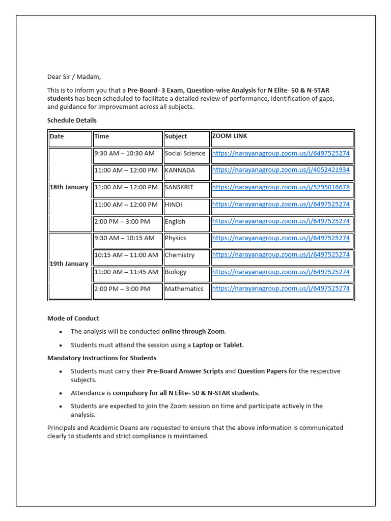 Question-wise Analysis Schedule for Elite-50 & N-STAR Students 18th and ...