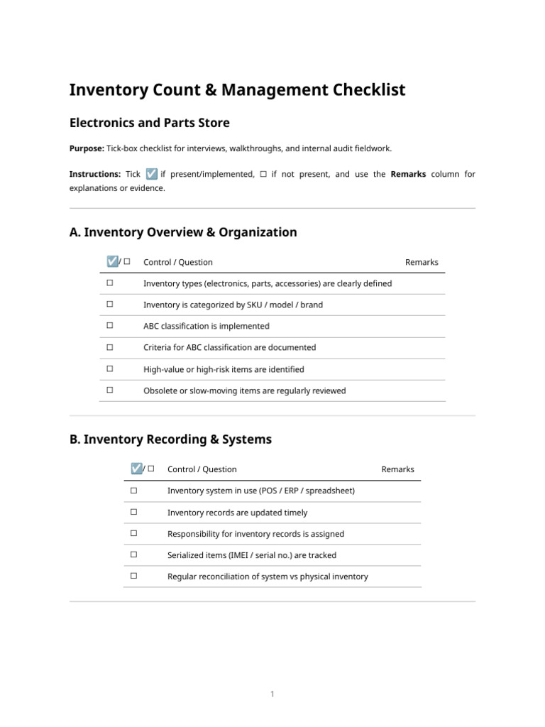 Inventory Count & Management Checklist - Electronics & Parts Store ...