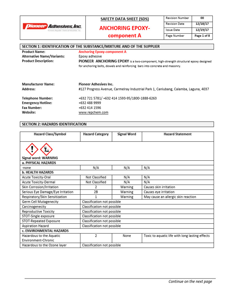SDS Anchoring Epoxy A_rev00_121817 | PDF | Toxicity | Waste Management