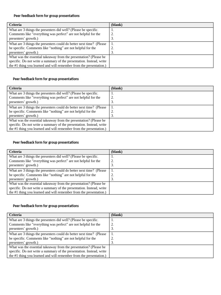Peer Feedback Form For Group Presentations | PDF | Chess Theory | Chess