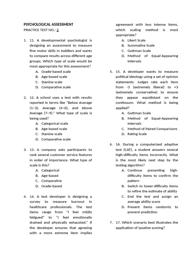 Psychological Assessment Practice Test 2 With Answer | PDF ...
