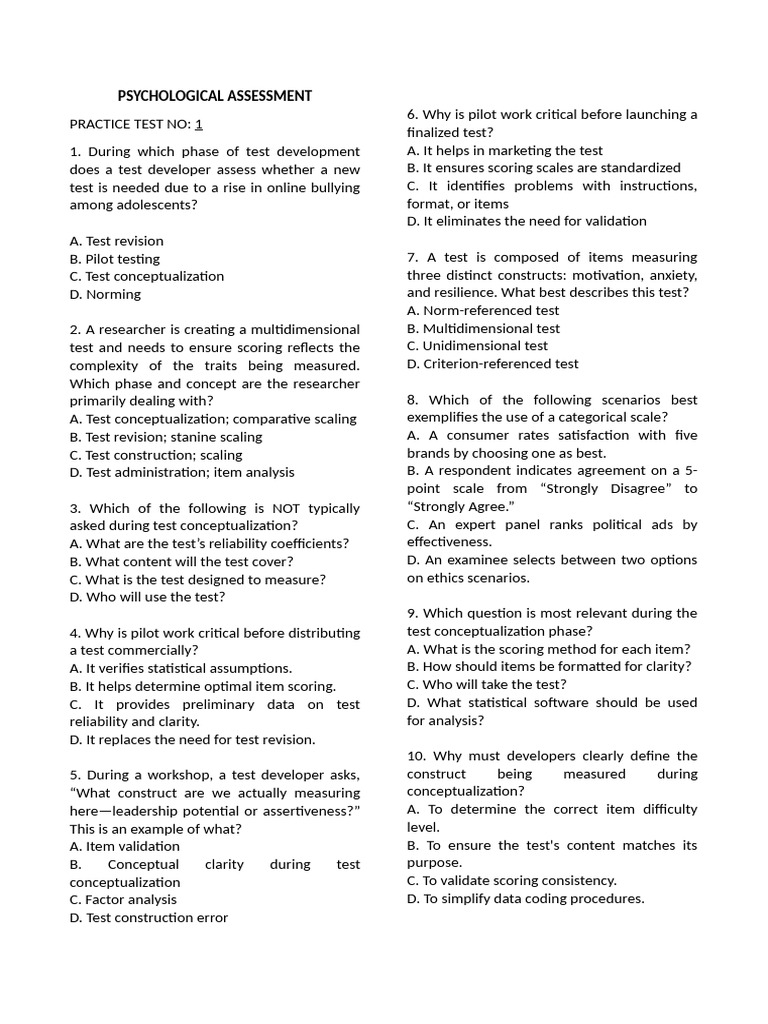 Psychological Assessment Practice Test 1 With Answer | PDF ...
