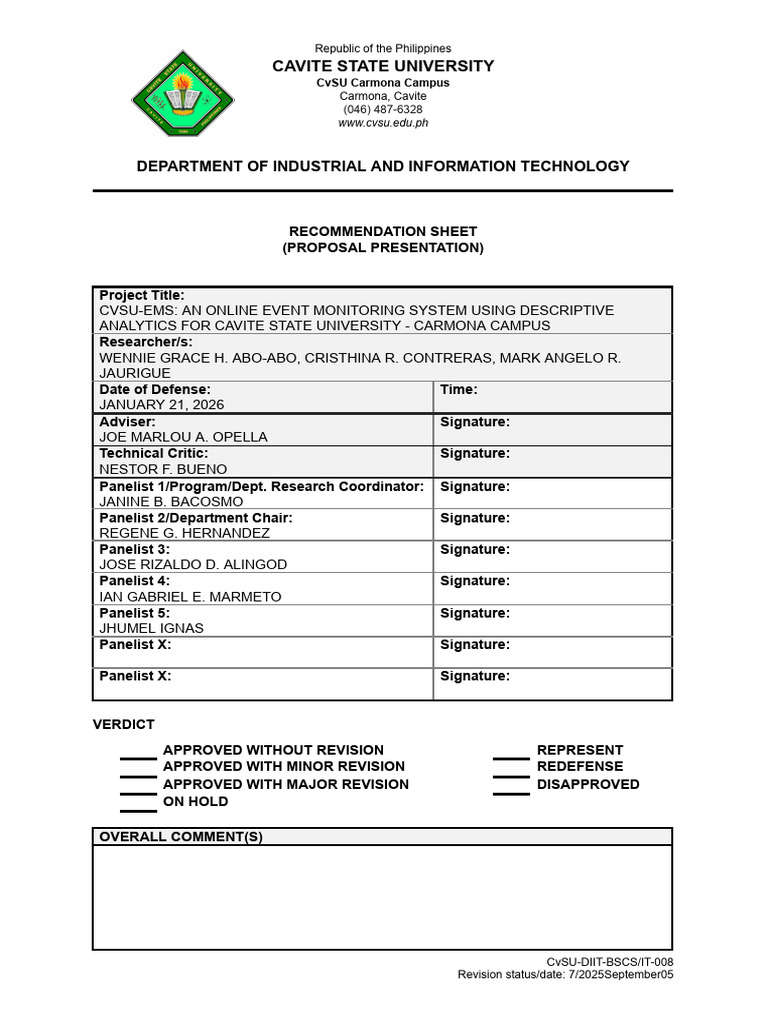 CvSU-DIIT-008Recommendation Sheet (Verdict Form) Proposal Rev.7.Docx (3 ...