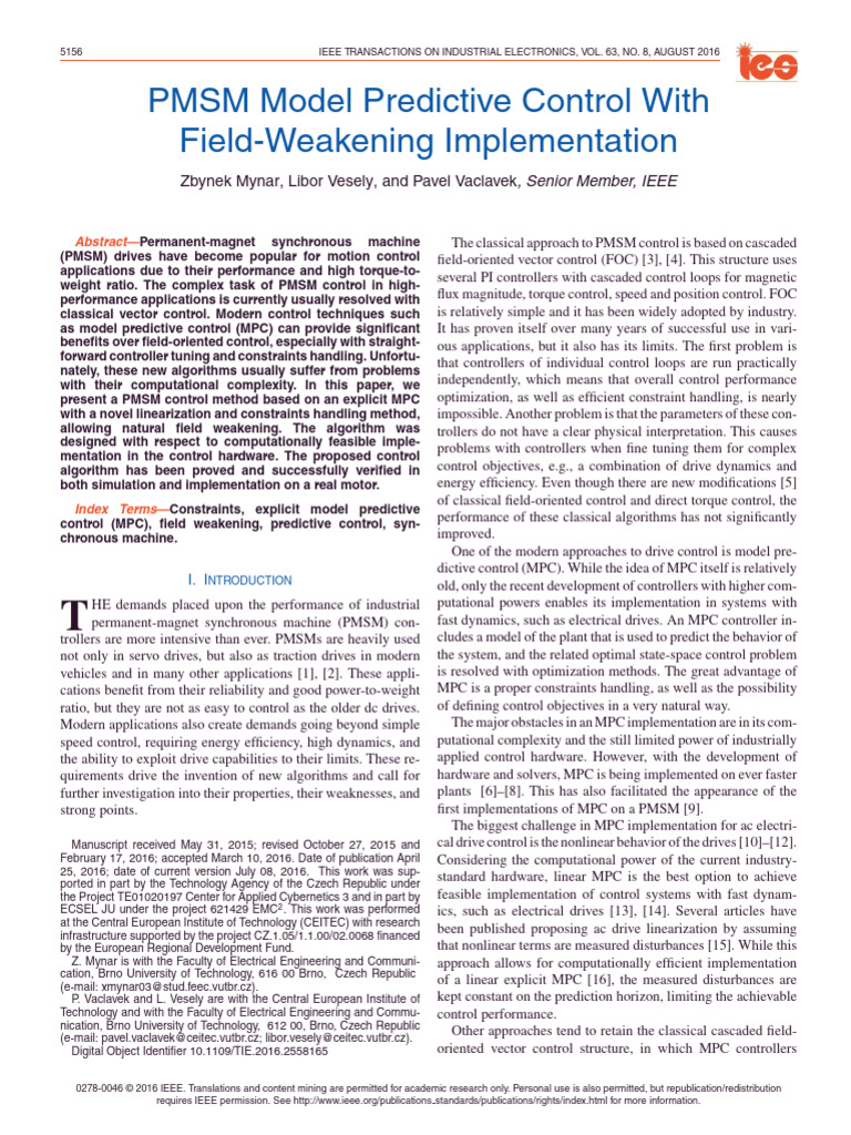 PMSM Model Predictive Control With Field-Weakening Implementation | PDF ...