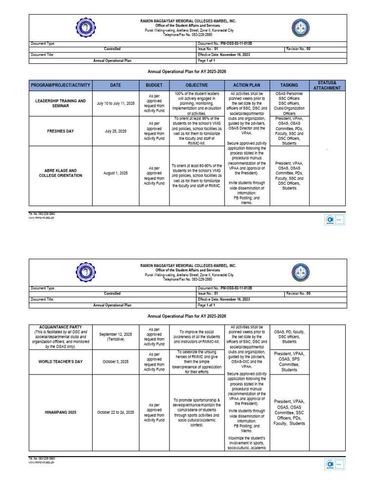 2025-2026 Osas Annual Operational Plan | PDF