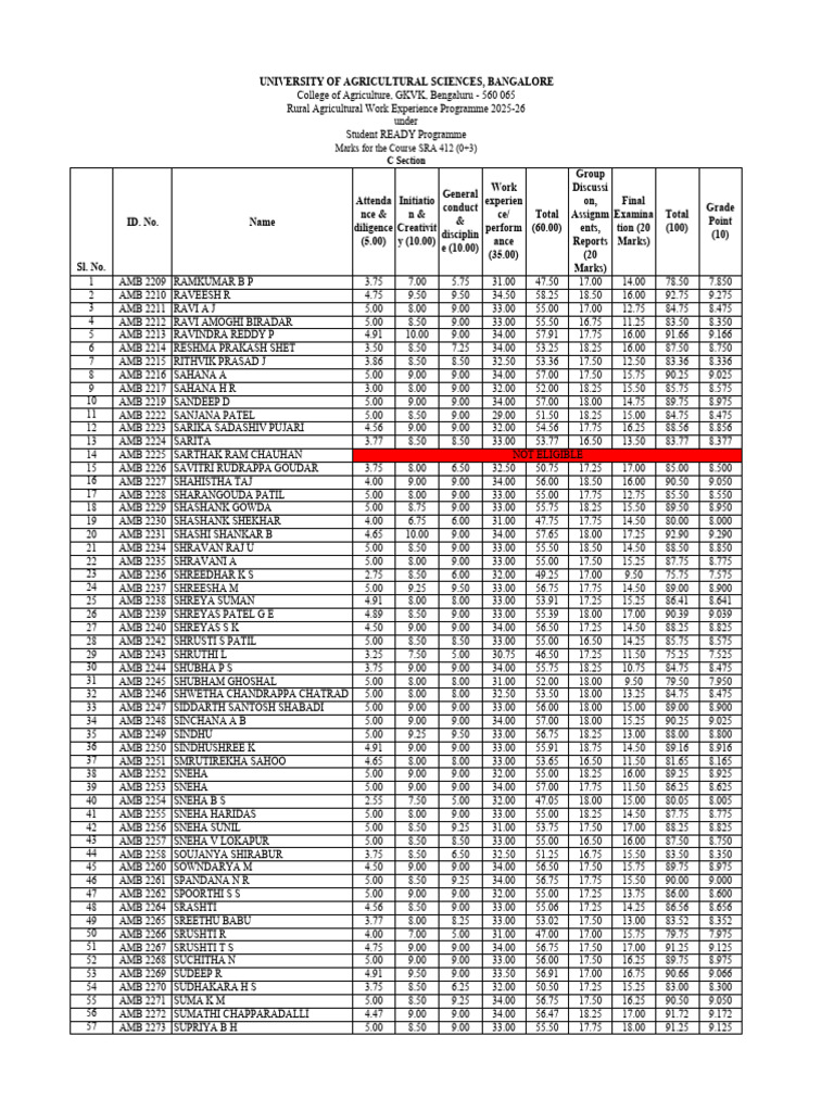 RAWE SER 412 I Sem 2025-26 Final Grades C Section | PDF