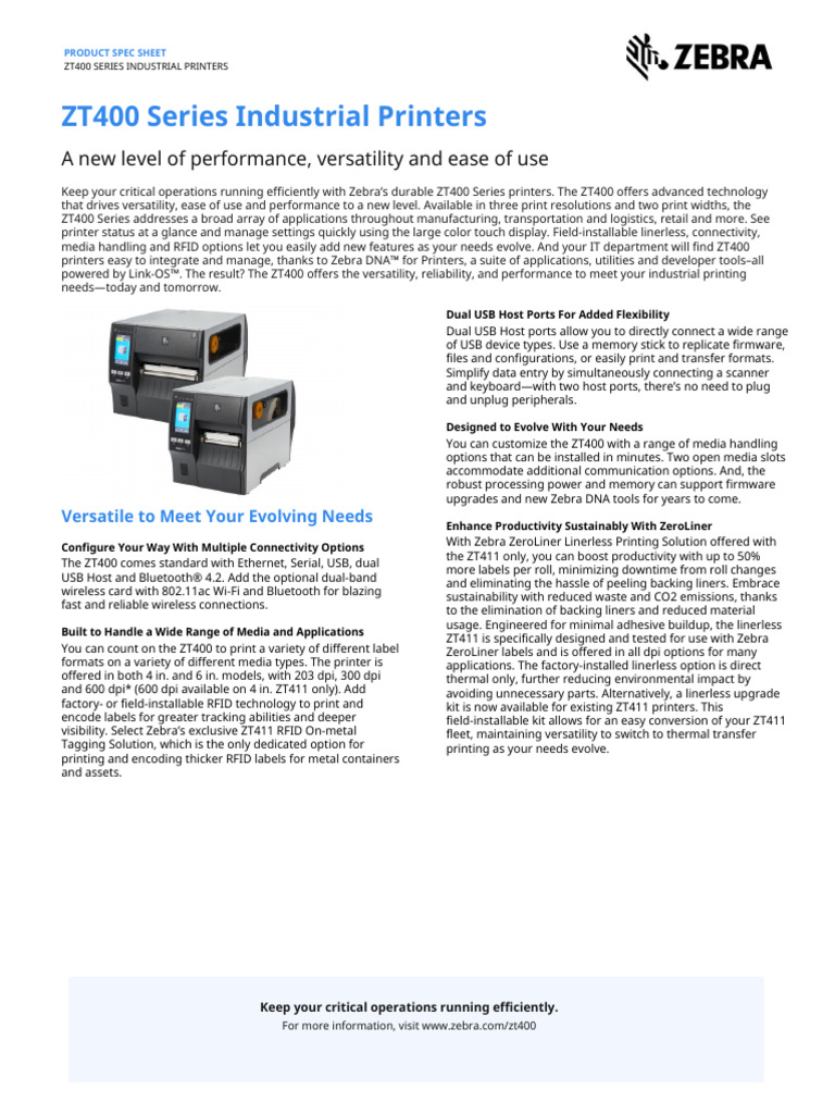 Zt400 Series Spec Sheet en Us | PDF | Printer (Computing) | Radio ...