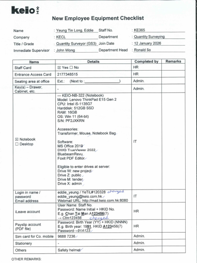 Employee Equipment Checklist | PDF