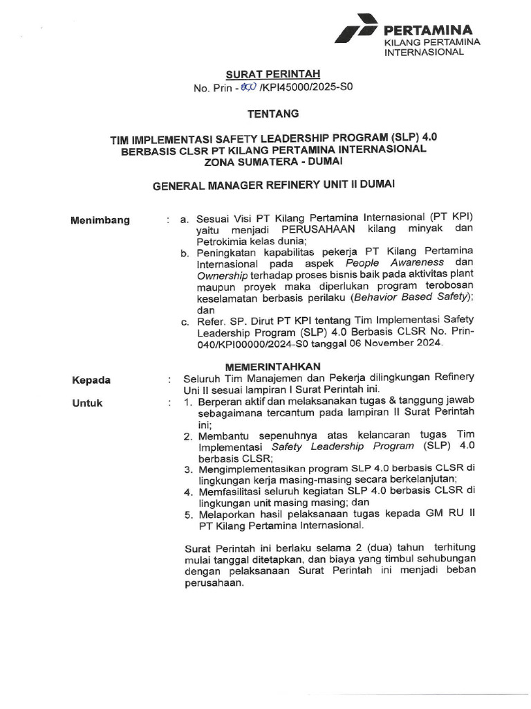 050 SP Tim Implementasi Safety Leadership Program SLP 4.0 Berbasis CLSR ...