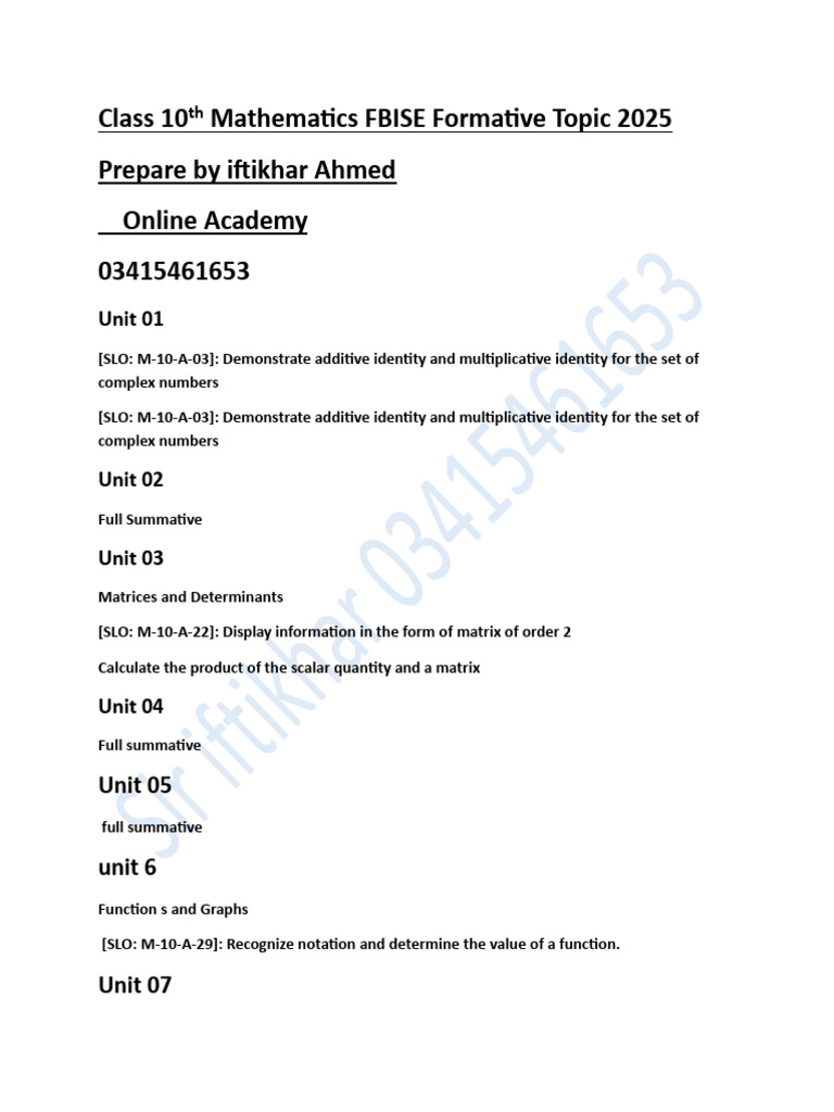 Class 10th Mathematics FBISE Formative Topic 2025 | PDF