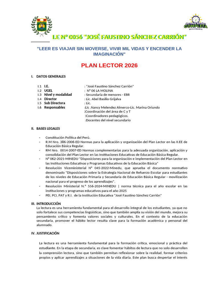 Plan Lector Jfsc- 2026 | PDF | Plan de estudios | Comprensión lectora