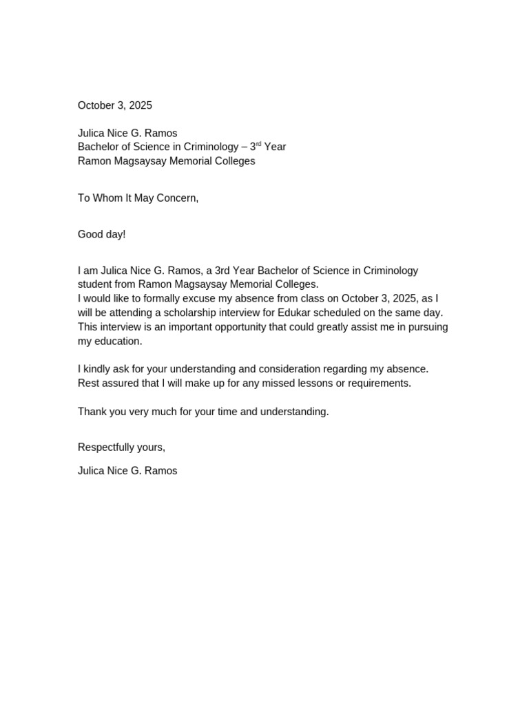Excuse Letter Julica Ramos | PDF