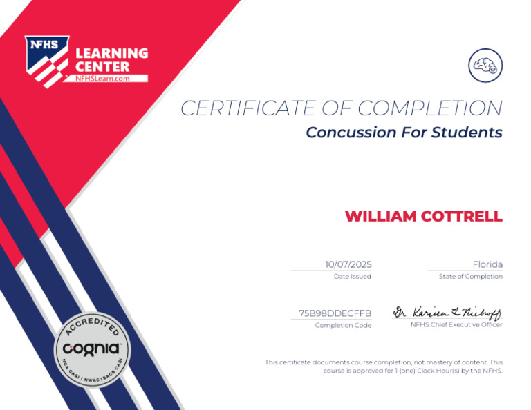 William Cottrell Concussion Certificate | PDF