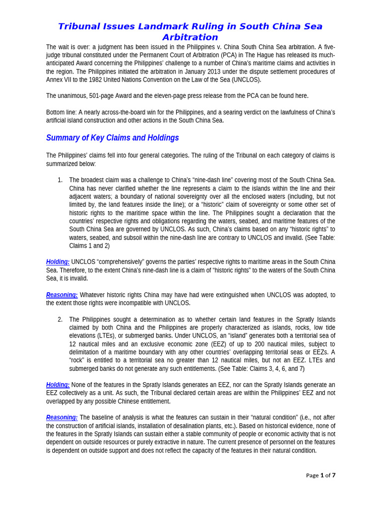 Tribunal Issues Landmark Ruling in South China Sea Arbitration | PDF ...