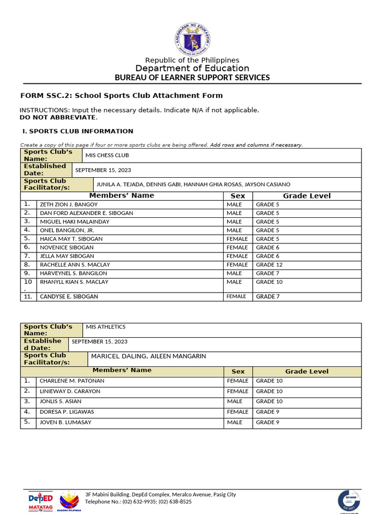 FORM SSC.2 School Sports Club Attachment Form Ssd | PDF | Chess | Chess ...