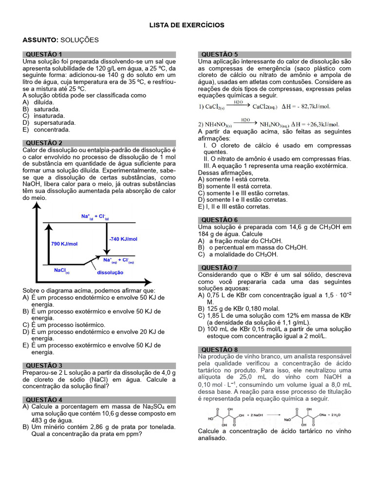 Lista de Exercícios_soluções | PDF | Propriedades da água | Solubilidade