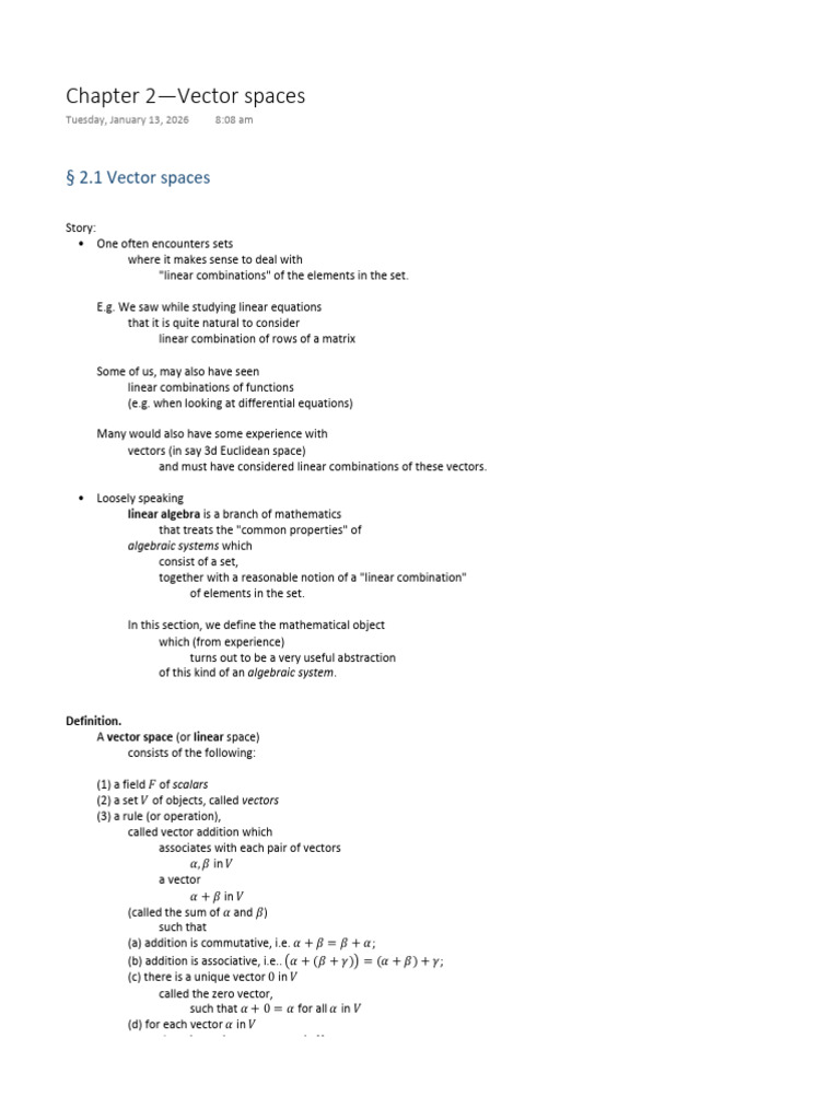 Chapter 2-Vector Spaces Jan13 Tue 2026 | PDF | Vector Space | Linear Map