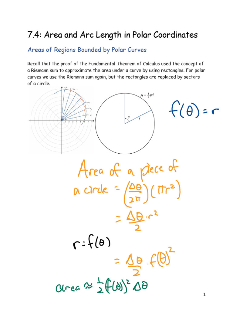 7.4 Notes-Area and Arc Length in Polar Coordinates | PDF | Curve | Area
