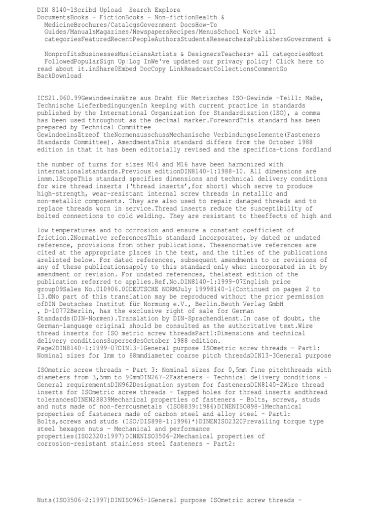 DIN 8140-1 | Engineering Tolerance | Screw