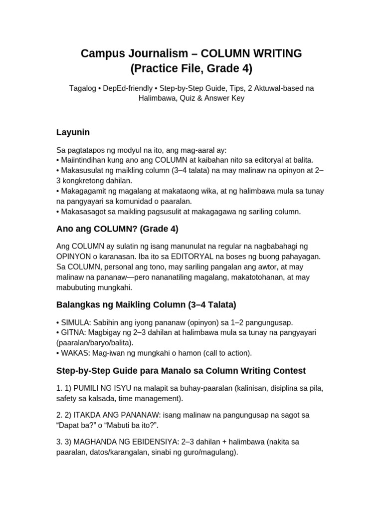 Campus Journalism Column Writing Practice Grade4 Tagalog | PDF