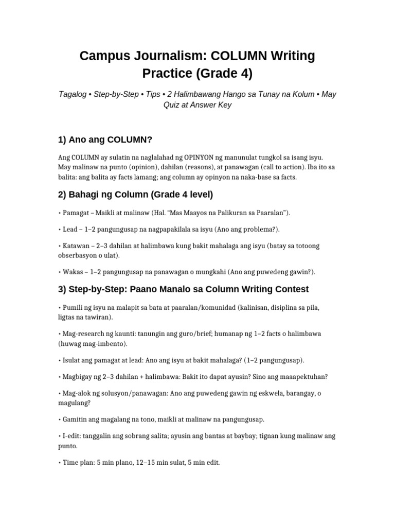Campus Journalism Grade4 COLUMN Tagalog WithQUIZ | PDF
