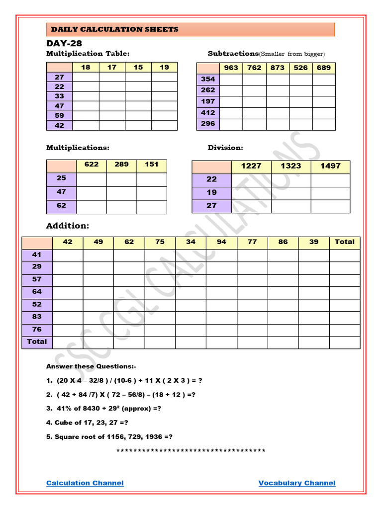 Day 28 Calculation Sheet | PDF | Elementary Mathematics | Arithmetic