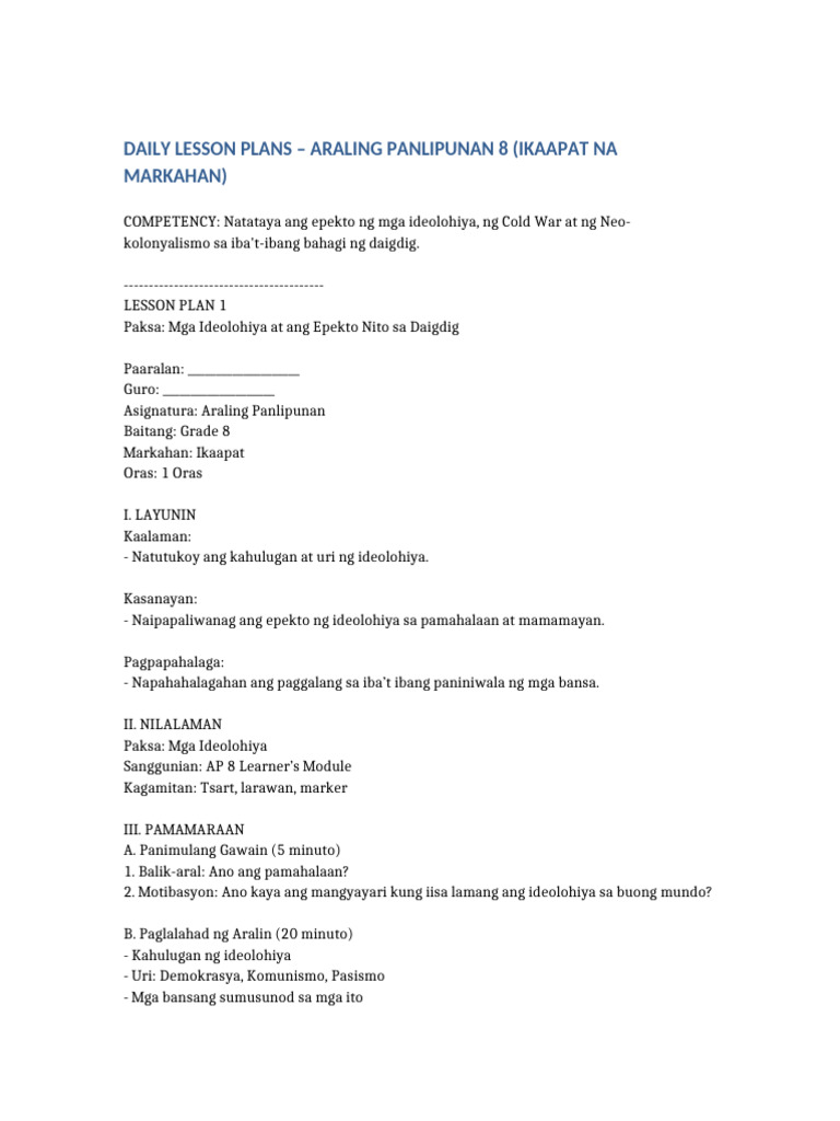 AP8 Q4 Lesson Plans | PDF