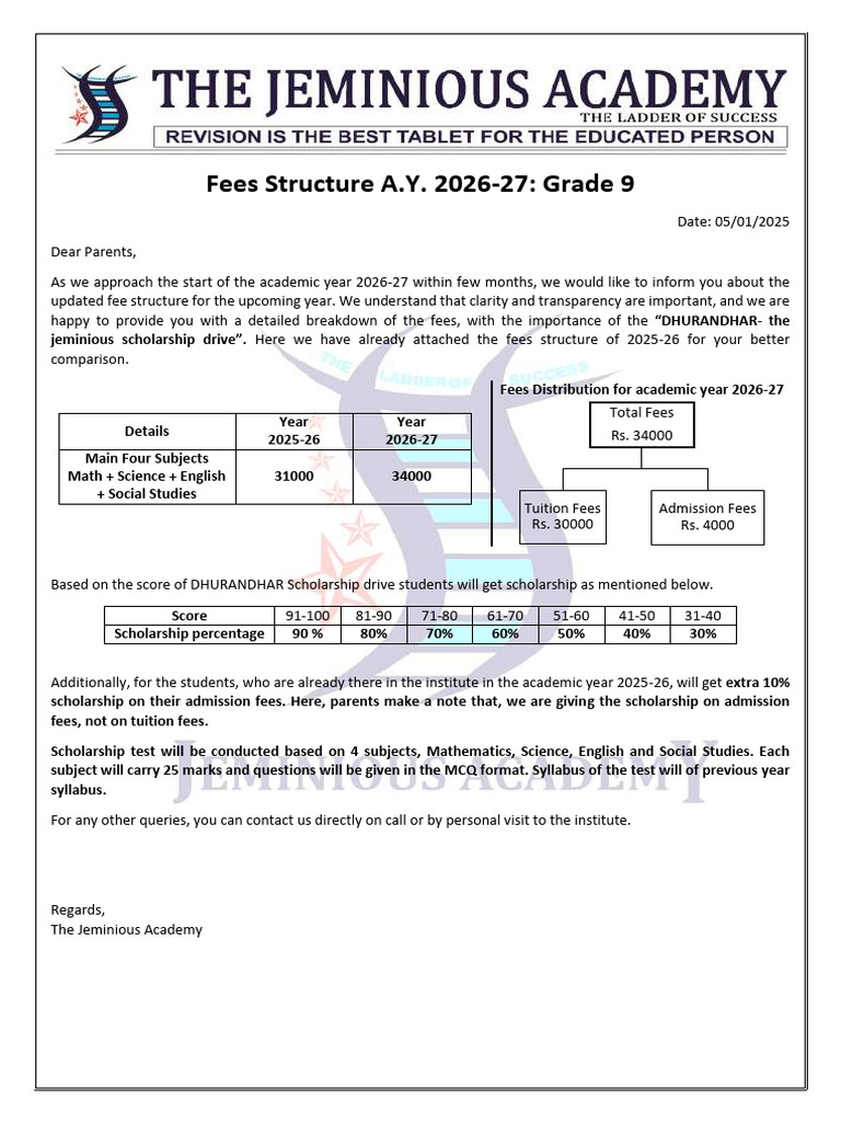 Circular of Fees Structure Grade 9 2026-27 | PDF