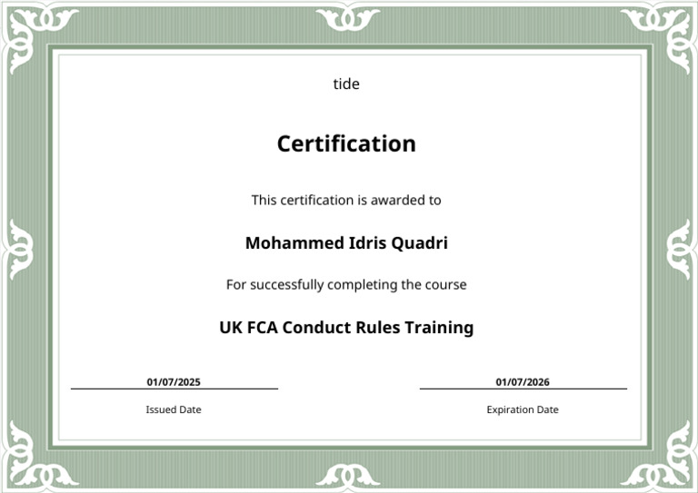 Certification UK FCA Conduct Rules Training Idris - Quadri@tide - Co | PDF