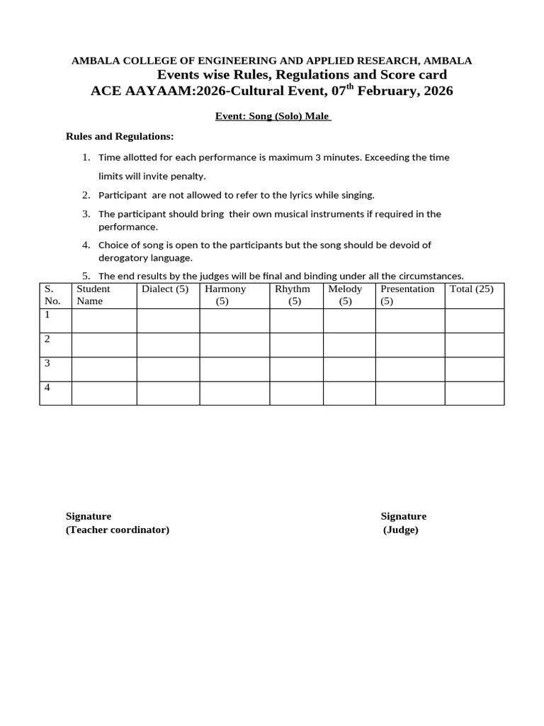 ACE AAYAAM2026 Jugdement Sheet | PDF | Performing Arts