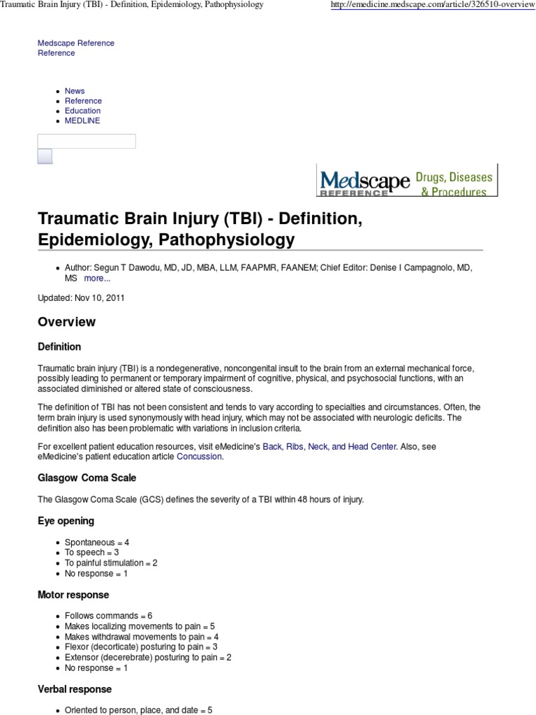 Traumatic Brain Injury (TBI) - Definition, Epidemiology ...