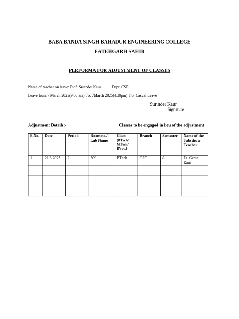 Classes Adjustment Form 21 March | PDF