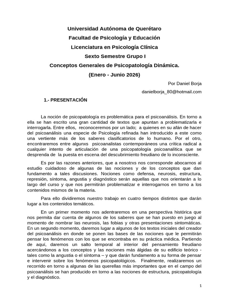 PROGRAMA. CONCEPTOS GENERALES DE PSICOPATOLOGIA DINÁMICA | PDF ...