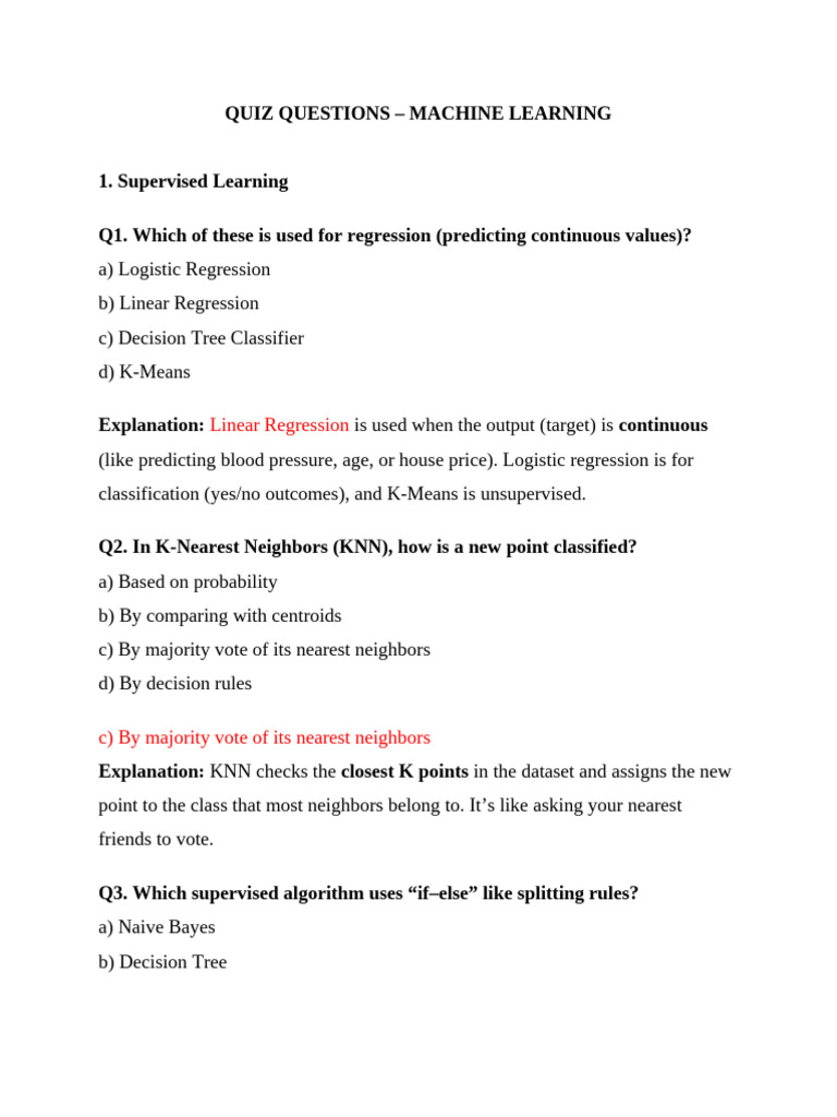 Quiz Questions With Explanations - ML | PDF | Support Vector Machine ...