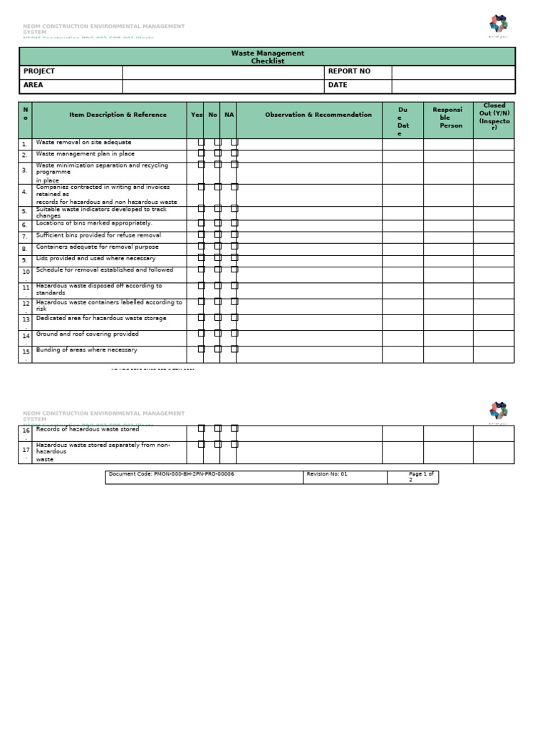 ER02.4 NEOM E MS PRO-002-For-001 Waste Management Checklist Rev001-Ok ...