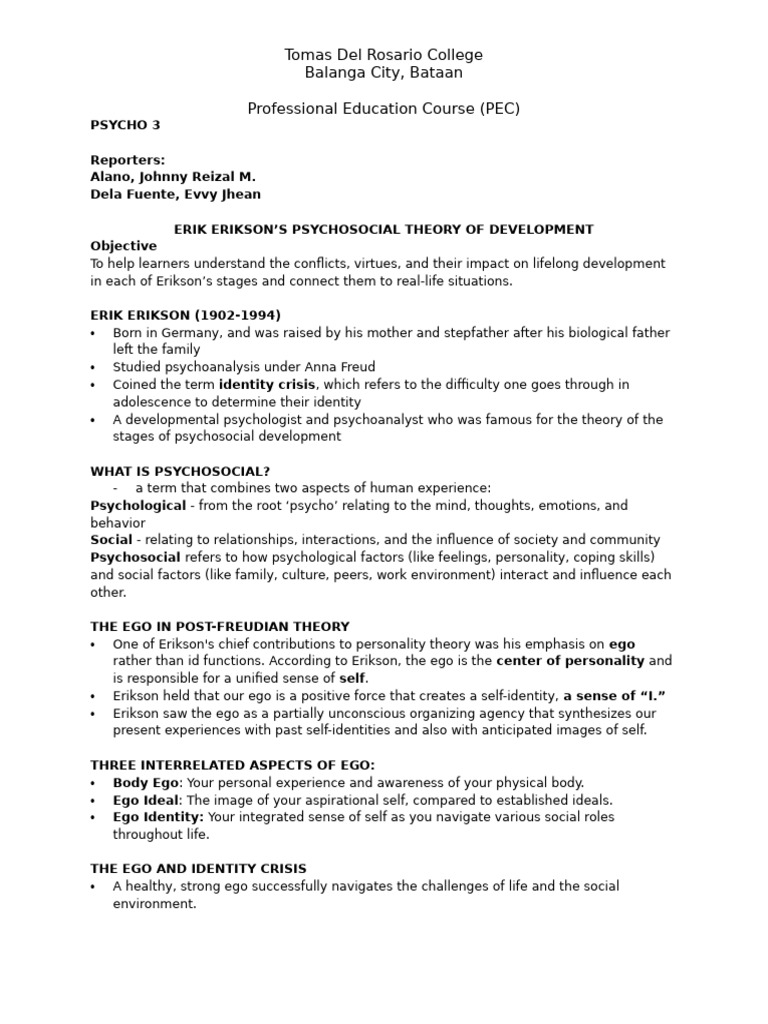 Module 7 - Erikson's Psychosocial Theory (Handout) | PDF ...