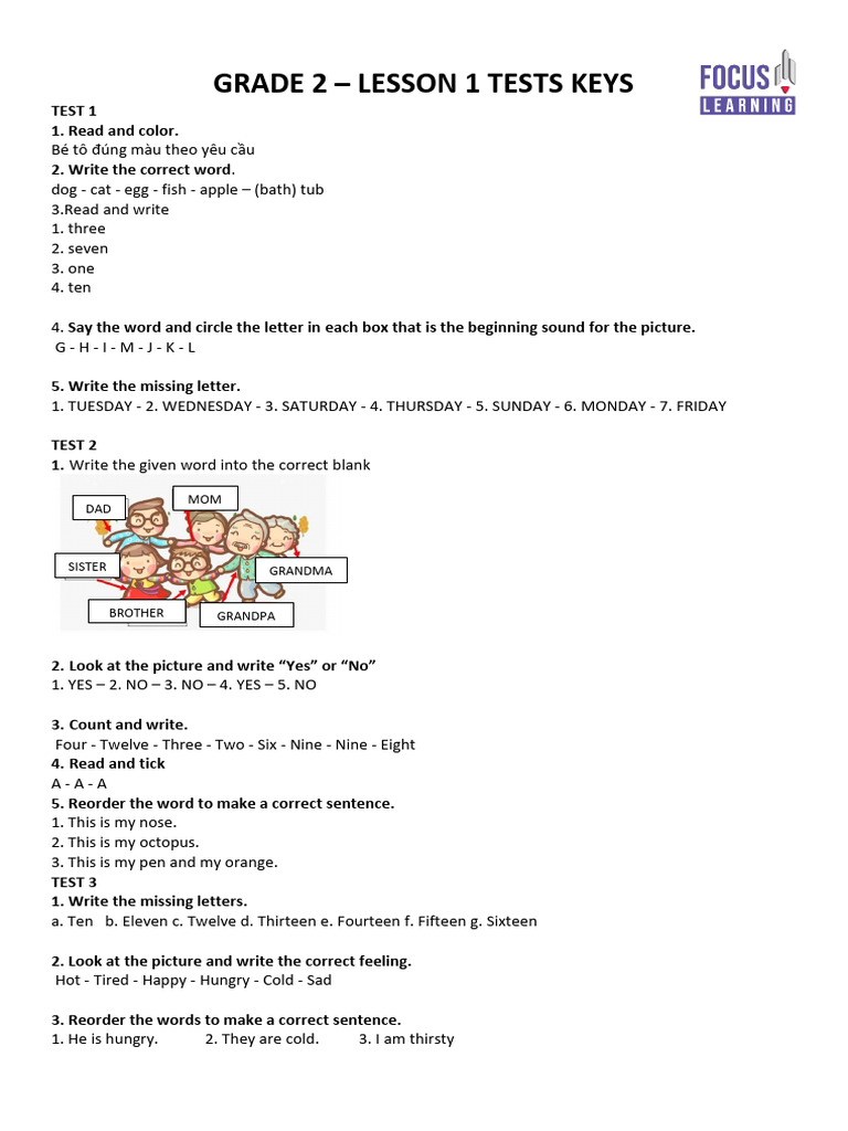 Grade 2 - Lesson 1 Tests Keys | PDF