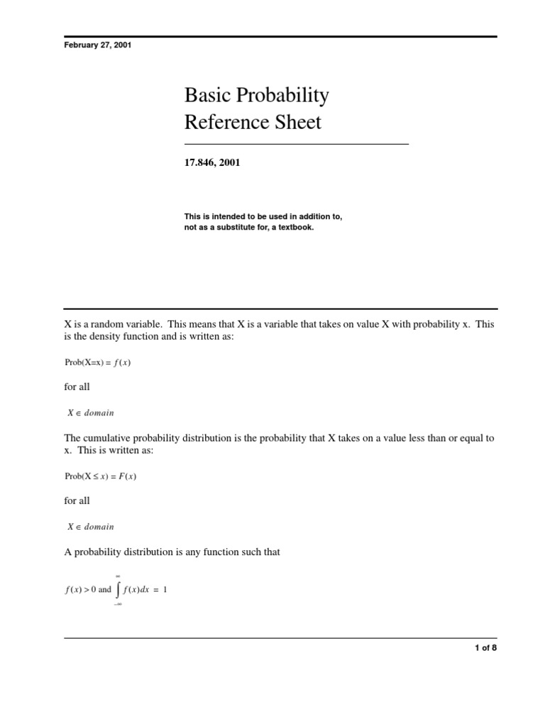 Basic Probability Reference Sheet: February 27, 2001 | PDF | Variance ...