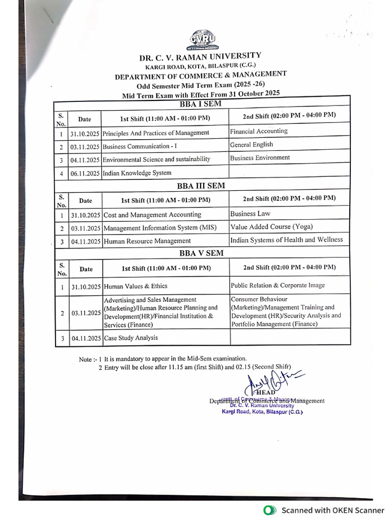 Mid-Sem Time Table (Commerce and Management) | PDF