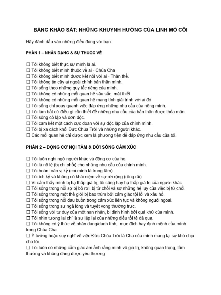 Bảng Khảo Sát_ Những Khuynh Hướng Của Linh Mồ Côi | PDF