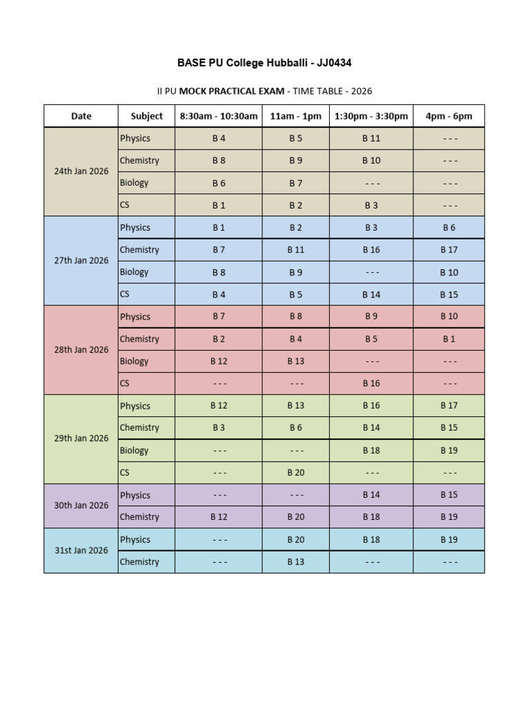 2nd PU Mock Practical Exam Time Table | PDF