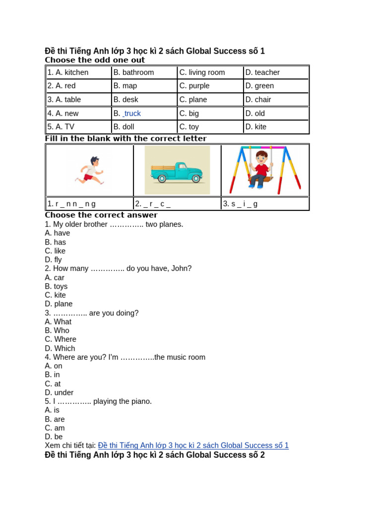 Đề Thi Tiếng Anh Lớp 3 Học Kì 2 Sách Global Success Số 1 | PDF