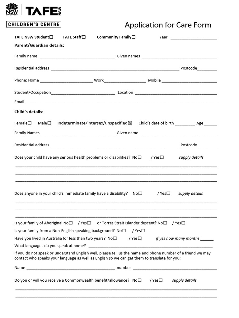 Application For Care Form (Updated July 2020) | PDF